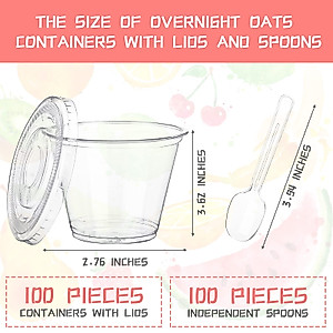 200 Pcs 9 oz Disposable Overnight Oats Jars Container with Lids and Spoons Set, Include 100 Pieces Plastic Yogurt Parfait Cups with Lids and 100 Pcs Spoons for Breakfast Snack Fruit, Veggies and Dips