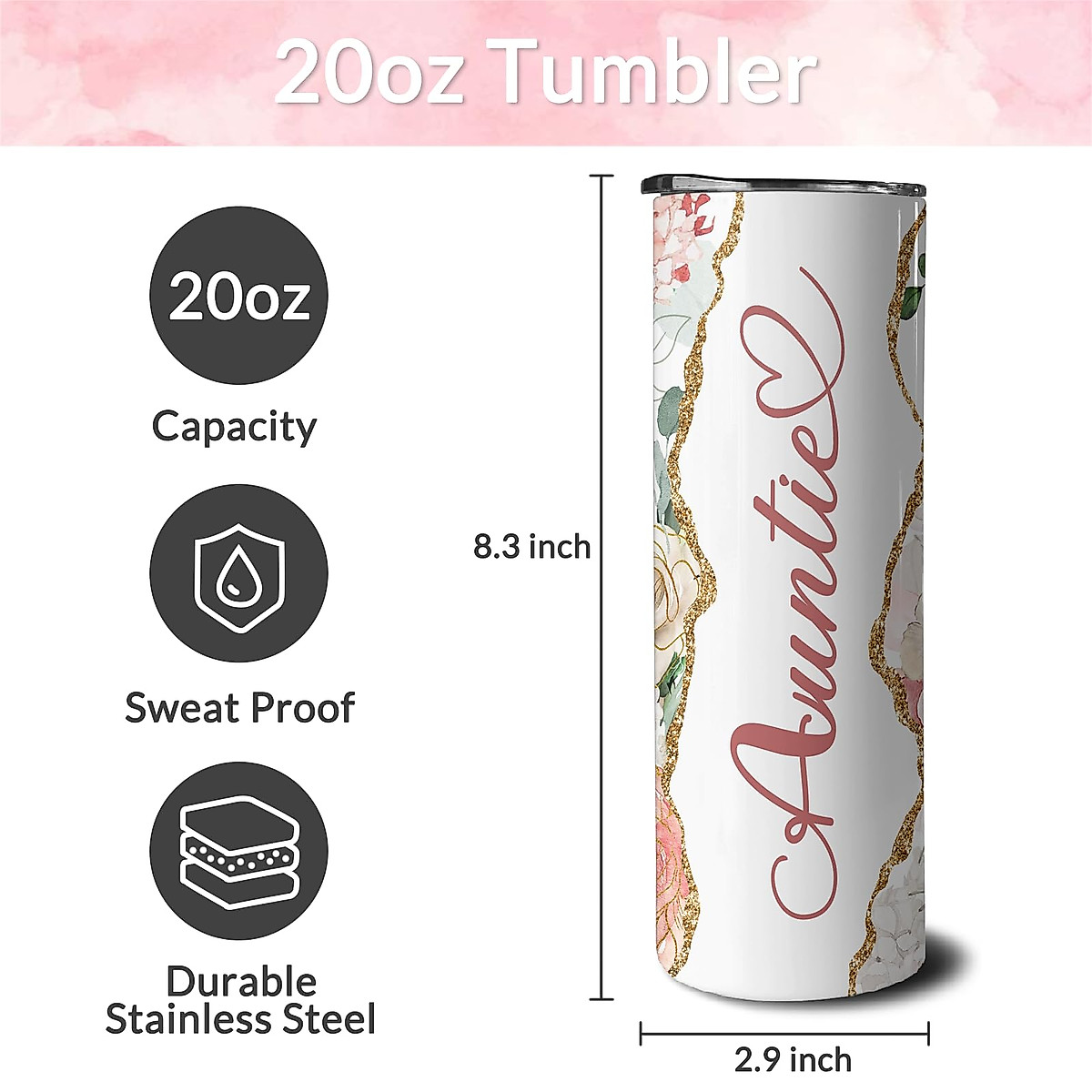 owbgsdh 20 oz Aunt Skinny Tumblers with Lid and Straw, Auntie Stainless Steel Vacuum Insulated Travel Coffee Mug Cup Water Bottle, Auntie Birthday Gifts for Aunt