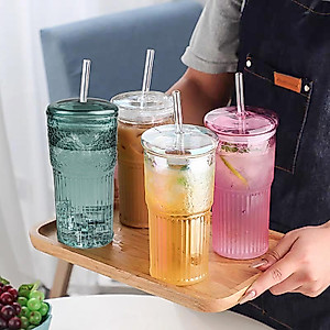 Glass Coffee Cups with Lids and Straws, 20 OZ Pink Iced Water Glasses Tumblers for Ice Juice, Tea, Milk, Smoothie and Cold or Hot Drinks, Set of 2