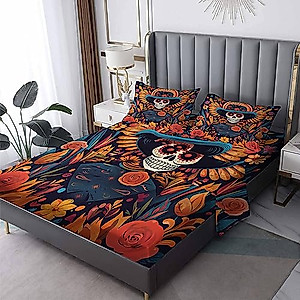 Skeleton Sheets Full Size, Day of The Dead Bed Sheets, Patterned Bedding Sheets & Pillowcases 4 Piece Set - Soft Microfiber Deep Pocket Fitted Sheet & Flat Sheet & 2 Pillow Cases L8-&-335