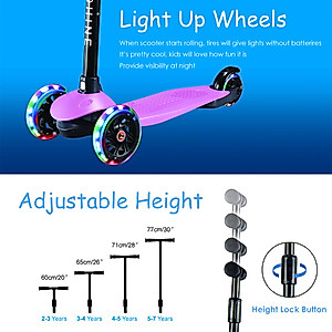 Kids Kick Scooters for Toddlers Boys Girls Ages 2-5 Years Old, Adjustable Height, Extra Wide Deck, Light Up Wheels, Easy to Learn, 3 Wheels Scooters, Pink