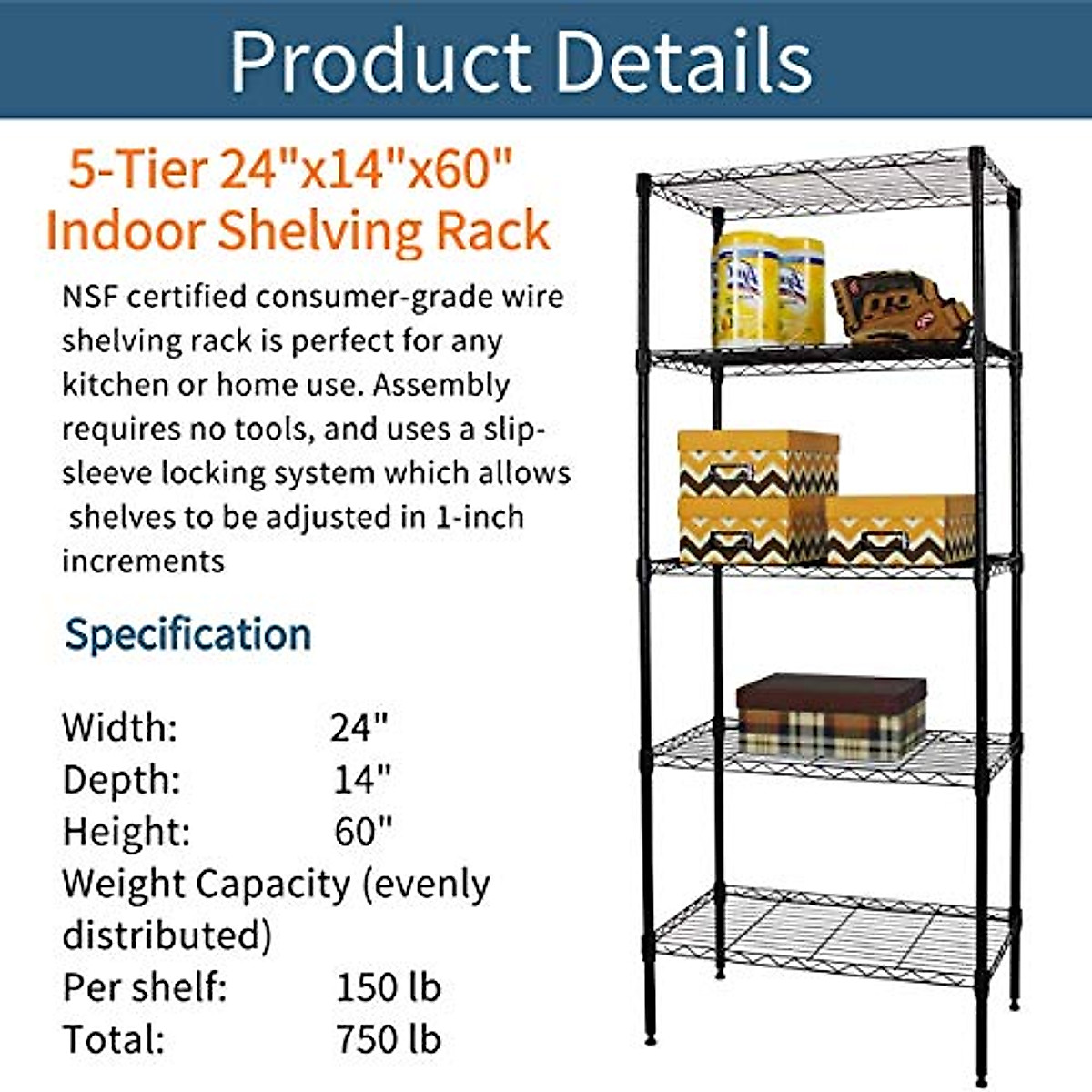Payhere Storage Metal Utility Shelves, 5-Tier 24" Steel Garage Storage Wire Shelving Unit,750Lbs Rust-Proof Storage Racks w/Leveling Feet, NSF Certification Shelf for Kitchen Office Garage