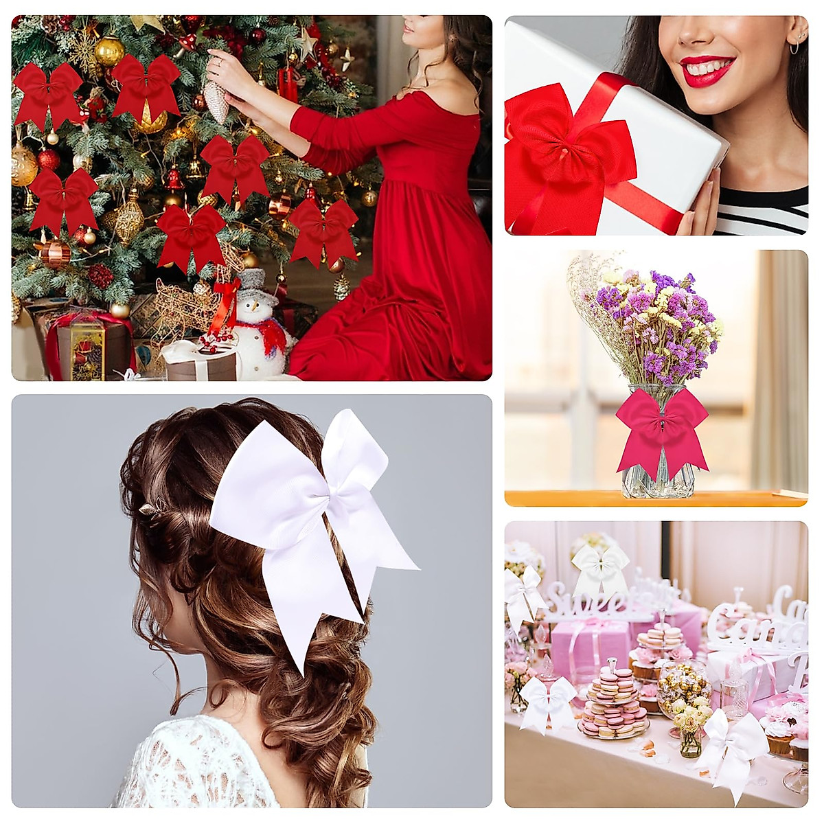 TUUXI 4pcs Large Cheer Hair Bows 8 Inch Grosgrain Ribbon Elastic Bands Ties Ponytail Holder for School College Sports Cheerleading Cheerleaders Bows Black Red Pink White