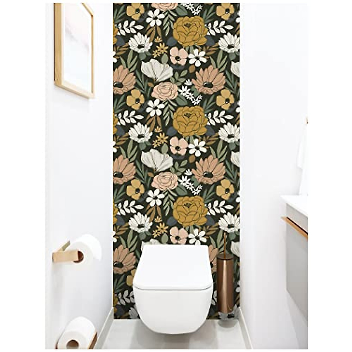 HAOKHOME 93217 Vintage Large Floral Peel and Stick Wallpaper Removable Daisy Leaf Black/Sand/Oliva Vinyl Self Adhesive Mural 17.7in x 6.6ft