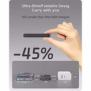 POANES 65W GaN USB C Charger, 3 Port Flat USB Wall Charger with USB C and USB A, Ultra-Slim GaN Charger PD3.0&PPS, Foldable Plug for Travel for MacBook, Laptops, Tablets, iPhone 15, Samsung