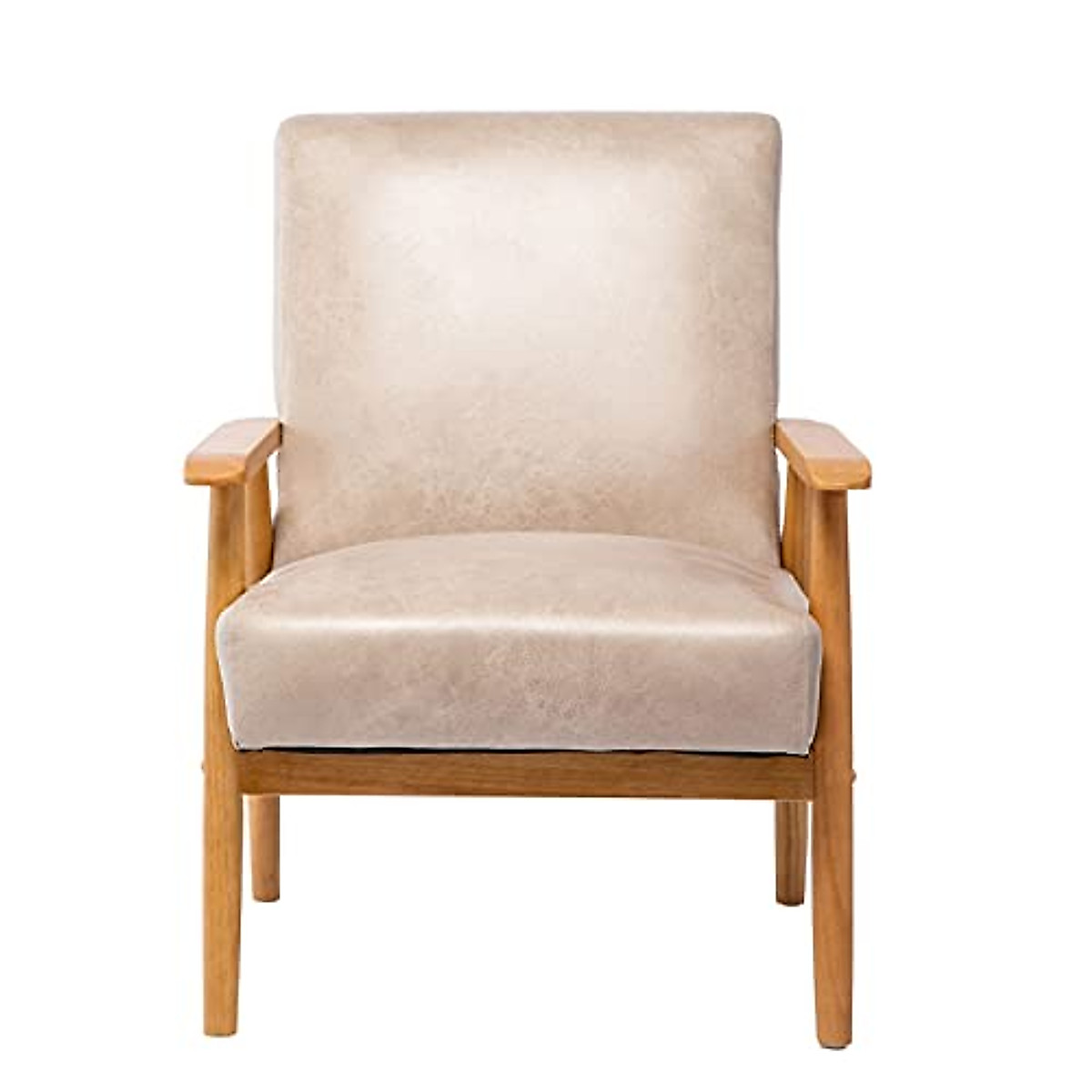 freemax Mid Century Accent Armchair Wood Leather Lounge Chair with Suede Cushion and Soft Sponge, for Living Room Bedroom Reading Room (Beige)