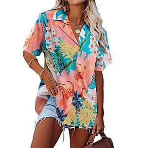 Hawaiian Shirts for Women Soft Cool Summer Hawaiian Shirt Floral Tropic Print Tees V Neck Button Up Short Sleeve Top Pink Blue