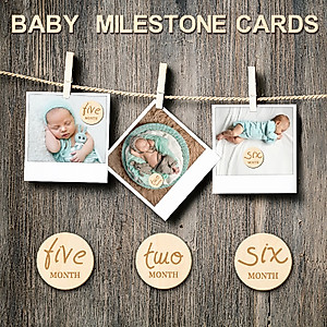 12 PCS Wooden Baby Monthly Milestone - Milestone Photo Cards, 1-12 Months Wood Milestone Disc Set, Birth Announcement Sign for First Year Picture Props, 4 inch Diameter