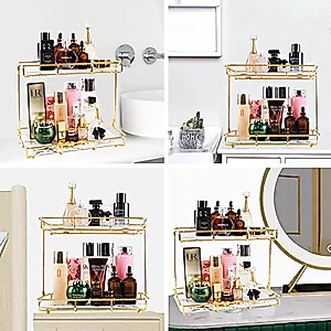 DalimFun 2-Tier Bathroom Organizer Countertop Marbling Tempered Glass, Detachable Vanity Tray Makeup Cosmetics Perfume Counter Organizer Storage Shelves Gold Shelf