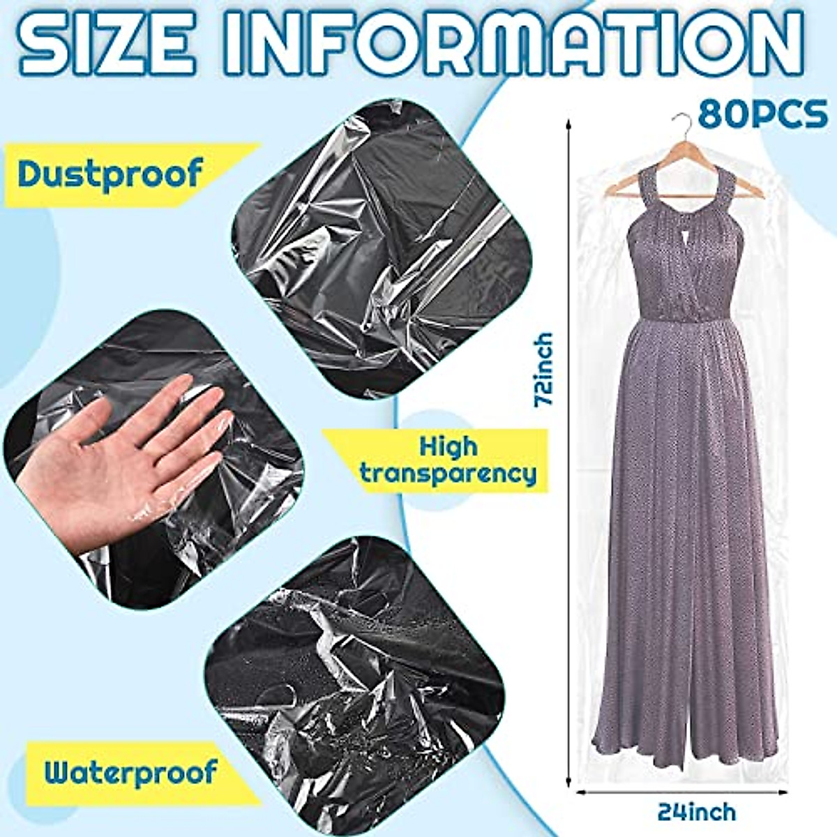 80 Pieces 72 Inch Clear Plastic Garment Bags for Hanging Clothes Dry Cleaner Bags Bulk for Long Dress Dry Cleaning Bags Dust Clothing Cover for Travel Launderette Alterations Shop Gowns