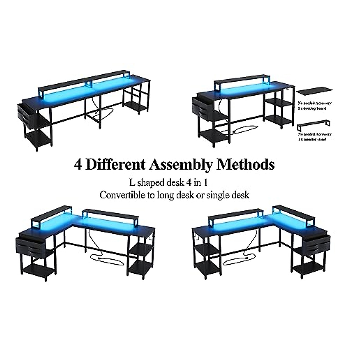 Gyfimoie L Shaped Desk with Power Outlet and LED Strip, 94'' Reversible Corner Computer Gaming Desk with Monitor Stand and Shelves, 2 Person Home Office Desk with Storage Bag and Hooks (Black)