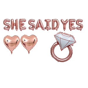 KUNGOON She Said Yes Banner Balloons,Funny Rose Gold Balloon Sign for Wedding Engagement Bridal Shower Bachelorette Hen Party Decoration,Diamond Ring Foil Sign Photo Props.(Rose Gold)