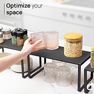 Ibyx Premium Kitchen Cabinet Organizer Shelf - Set of 3 Kitchen Counter Shelves - Stackable & Expandable Shelf Racks for Kitchen Cabinets - Metal Frame & Engineered Wood (Black Wood, Black Frame)