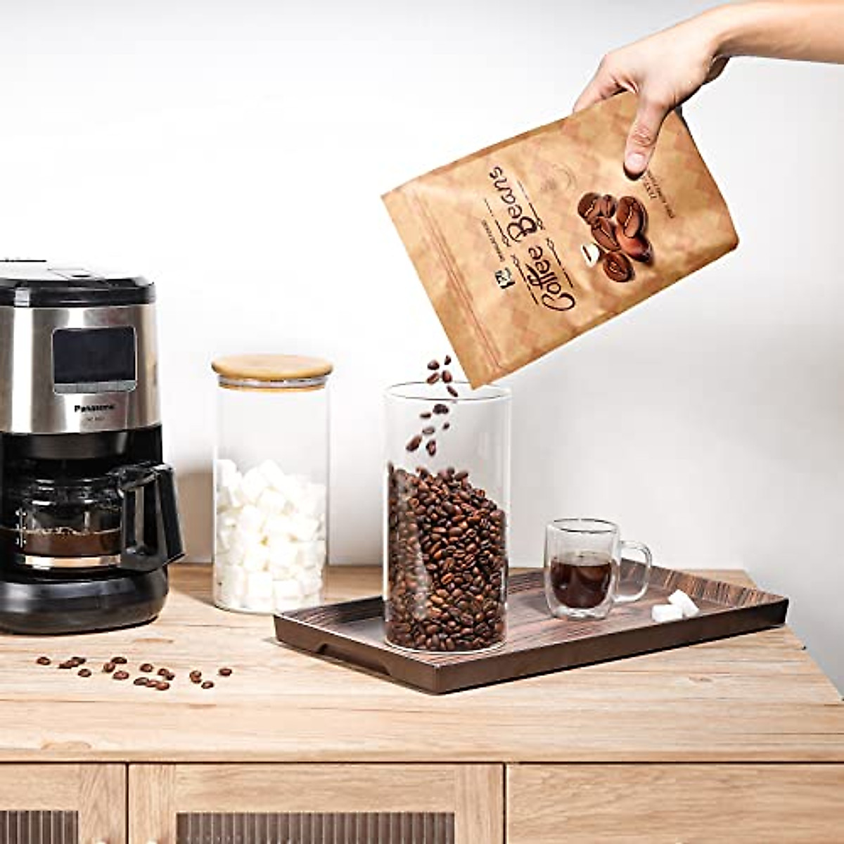 ComSaf Airtight Glass Storage Canister with Wood Lid(40oz), Clear Food Storage Container Jar with Sealing Bamboo Lid for Noodles Flour Cereal Rice Sugar Tea Coffee Beans, Round Set of 3