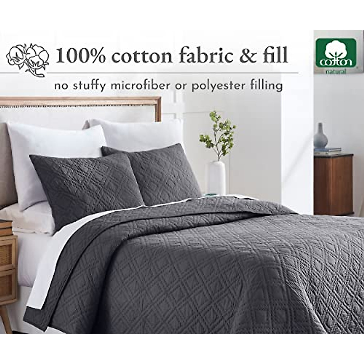 California Design Den Soft 100% Cotton Hand-Quilted Twin/Twin-XL Quilt with Sham, Pure Cotton Fabric & Fill, Charcoal Grey Twin Quilt, Pre-Softened, Diamond Pattern (Charcoal Grey)
