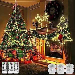3 Pack Christmas Window Star Lights, 45 LED Deer Lights Battery Operated Window Decorations 8 Modes with Remote Controls for Home Party Garden Indoor Outdoor Decor(Warm White)