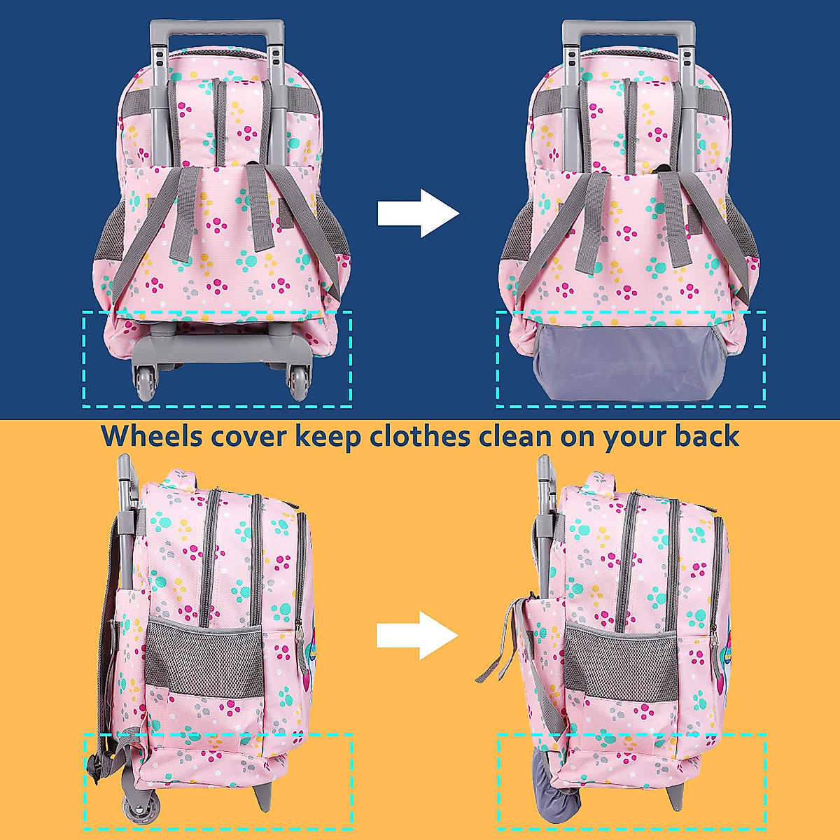 seastig Rolling Backpack 18in Double Handle Backpack Kids Wheeled Backpack Roller Backpack with Lunch Bag Set Girls Boys, Alpaca with Sunglasses