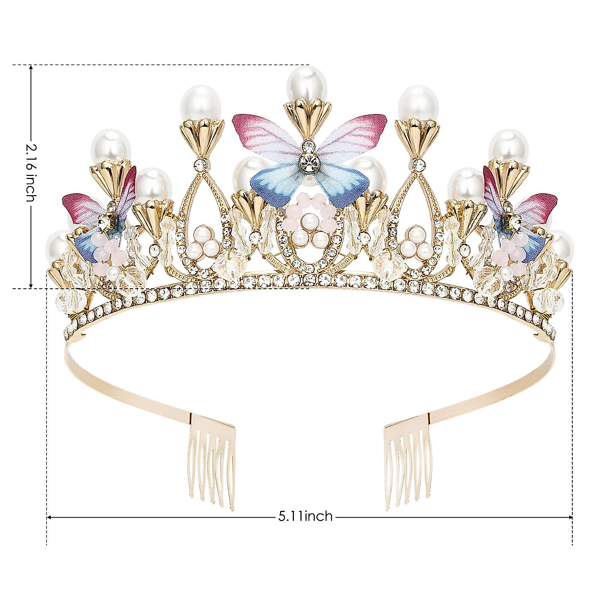 Makone Girls Tiara Butterfly Princess Crown with Comb Gold Pearl Headband Rhinestone Hair Accessories for Halloween Birthday Wedding Bridal Prom Christmas Gifts