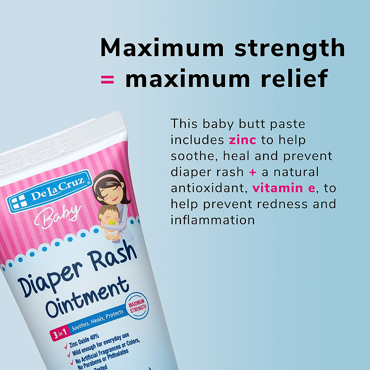 De la Cruz Baby Diaper Rash Cream with Zinc Oxide - Maximum Strength Baby Healing Ointment to Help Soothe, Heal and Prevent Diaper Rash - 3.4 OZ