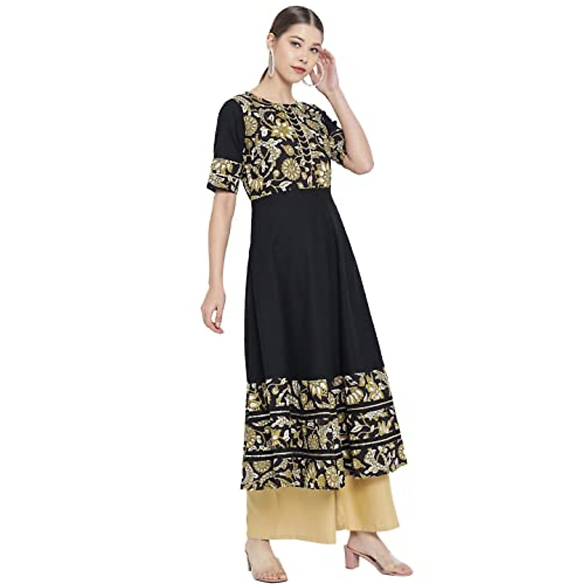 Yash Gallery Women's Cotton Floral Print Anarkali Kurta (Black)