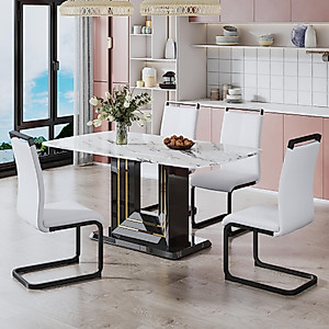 63" Modern MDF Dining Table for 6-8, Large Rectangular Dining Room Table with U-Shaped Bracket and MDF Base, Minimalist Kitchen Table for Restaurant, Meeting Room, Marble-Inspired MDF Desktop(White)