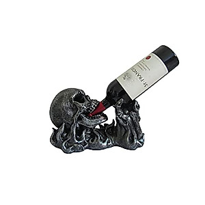 DWK - Gargle of Wine - Skeleton in Flames Tabletop Wine and Bottle Display Caddy Home Décor Dining Centerpiece Kitchen Accessory Bar Accent, Pewter Finish, 11.5-inch