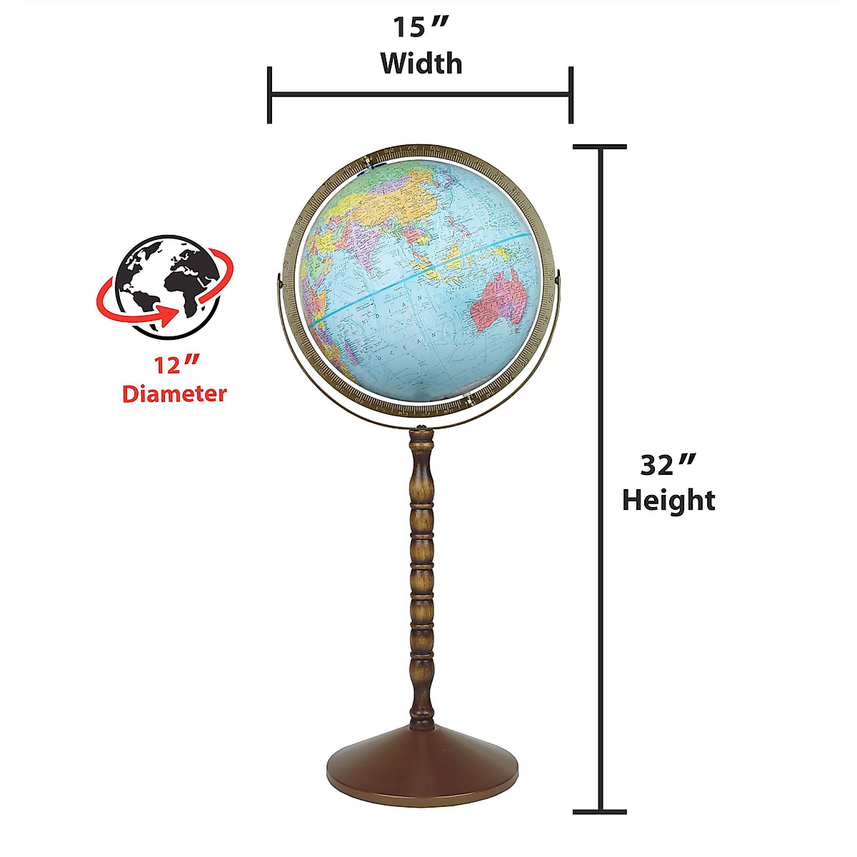 Treasury 12" Diameter Globe, USA Cartography, Convertible to Desktop with Raised Mountain Relief and Sturdy Metal Base and Hand Turned Hard Wood Stand.This economical 12” floor model stands 32” high on a durable metal base and attractive wooden pedestal.