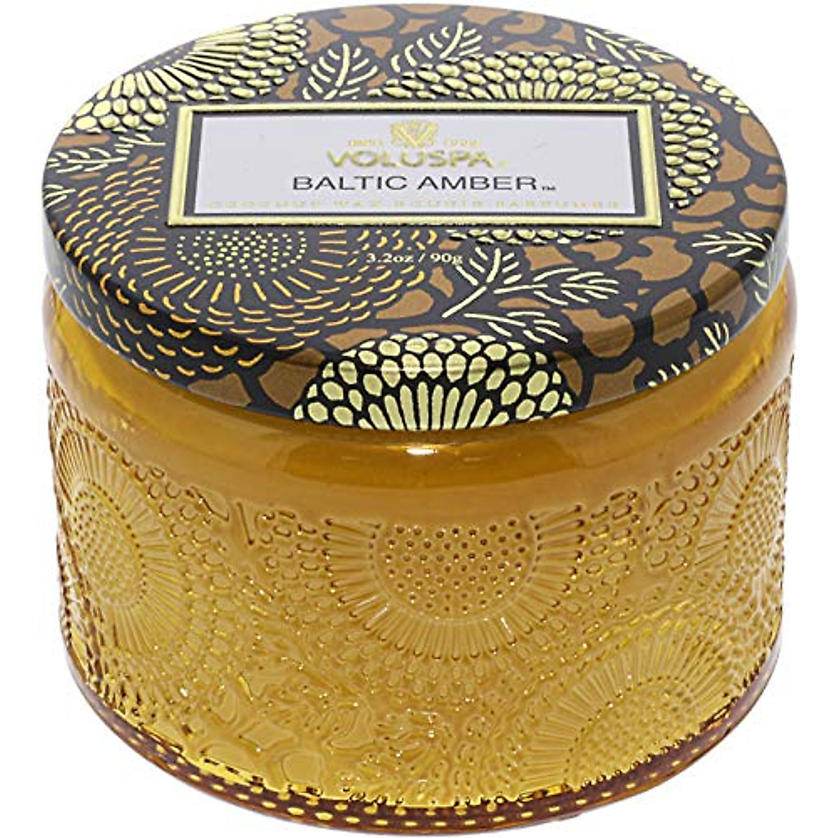 Voluspa Baltic Amber Candle | Petite Embossed Glass Jar | 3.2 Oz. | 25 Hr Burn Time | Vegan | Coconut Wax and Natural Wicks for Clean Burning