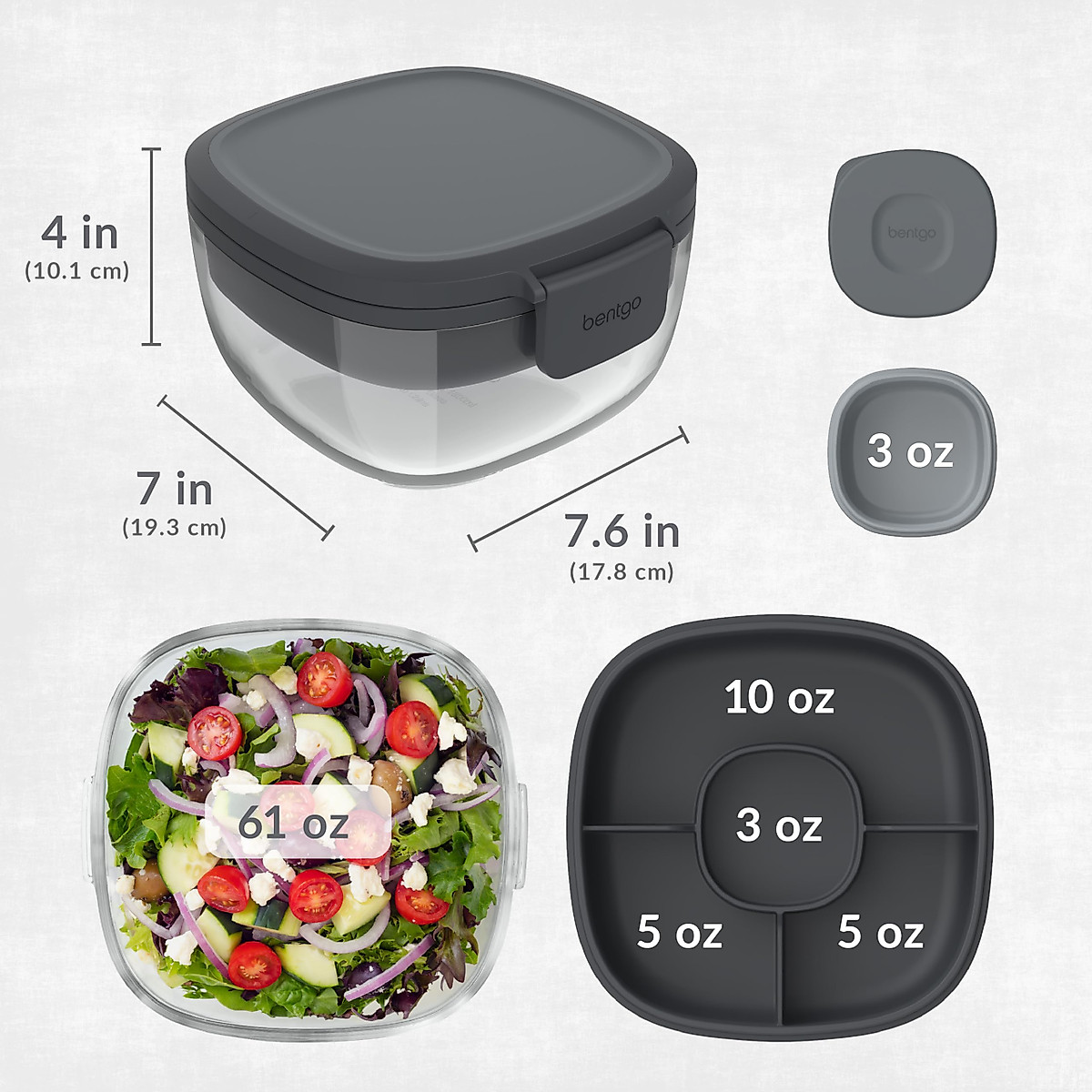 Bentgo® Glass - Leak-Proof Salad Container with Large 61-oz Salad Bowl, 4-Compartment Bento-Style Tray for Toppings, 3-oz Sauce Container for Dressings, and Built-In Reusable Fork (Dark Gray)