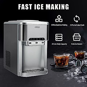 Countertop Ice Maker with 3-in-1 Water Cooler Dispenser, Kognita Countertop Stainless Steel Ice Makers, Top Loading 3-5 Gallon or Bottless, 44lbs Ice Cubes in 24H for Home, Office, Kitchen