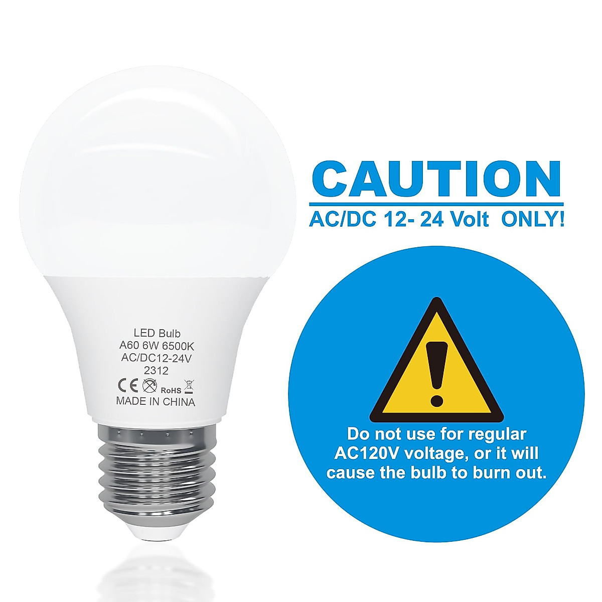 ORALUCE 12V LED Light Bulb Low Voltage,AC/DC 12-24V A19 E26 LED Bulb 60 Watt,6500K Cool White 12 Volt Light Bulb 6W,for Solar Battery System Lighting Marine Boat RV Camping Landscape Garden,6P