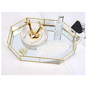 ahggzeg Vintage Glass Tray Mirror, Hexagonal Jewelry Tray Metal Decorative Tray for Vanity, Dresser, Bathroom, Bedroom (Small)