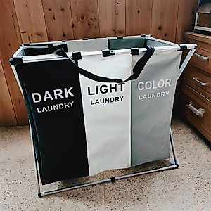 Timoau Laundry Basket - Waterproof Clothes Hamper with 3 Sections, Foldable Laundry Sorter Basket Bin w/Aluminum Frame, Laundry Hamper Ideal for Bathroom, Bedroom, Dorm