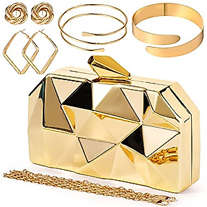 Jadive 5 Pcs Women Gold Clutch Purse Metallic Handbag Evening Purses Bag for Wedding Vintage Banquet Handbag Retro Earrings Arm Cuff Bracelet Jewelry Set