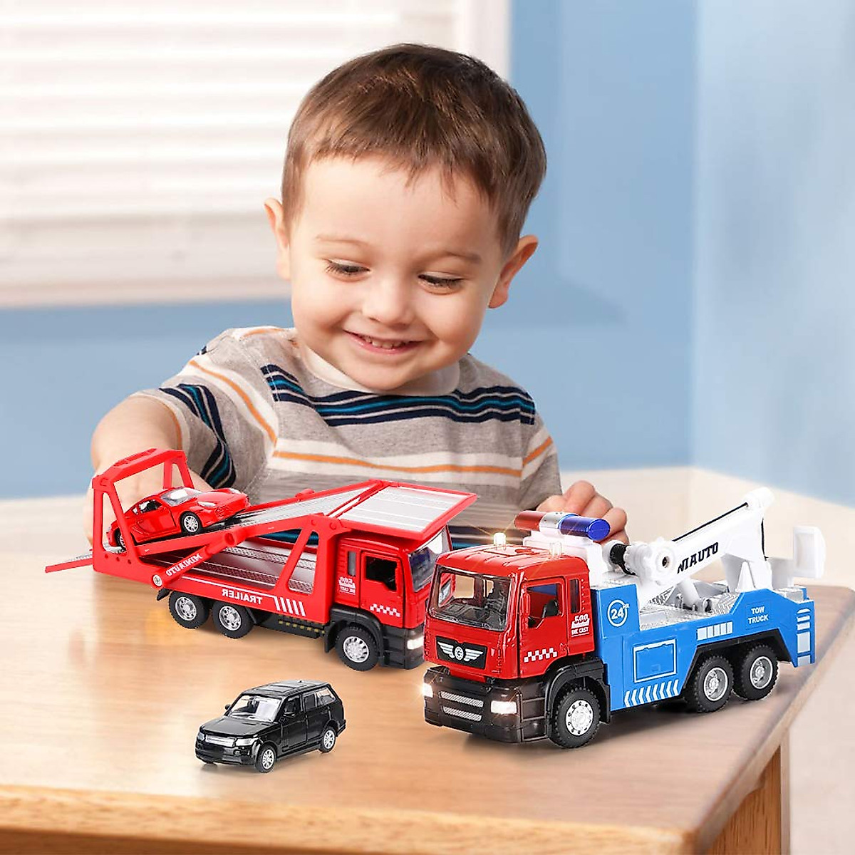 Winrayk 4Pcs Tow Truck Toys with Mini Toy Cars Set Pull Back Cars with Lights and Sound Trailer Transporter Vehicles Truck Toy, 1:50 Scale Metal Diecast Toy Trucks for Boys Girls 3 4 5 6 7 8 Years Old