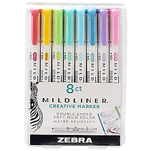 Zebra Pen 78108 Mildliner Double Ended Highlighter Set, Broad and Fine Point Tips, Assorted Ink Planner Colors, 8-Pack
