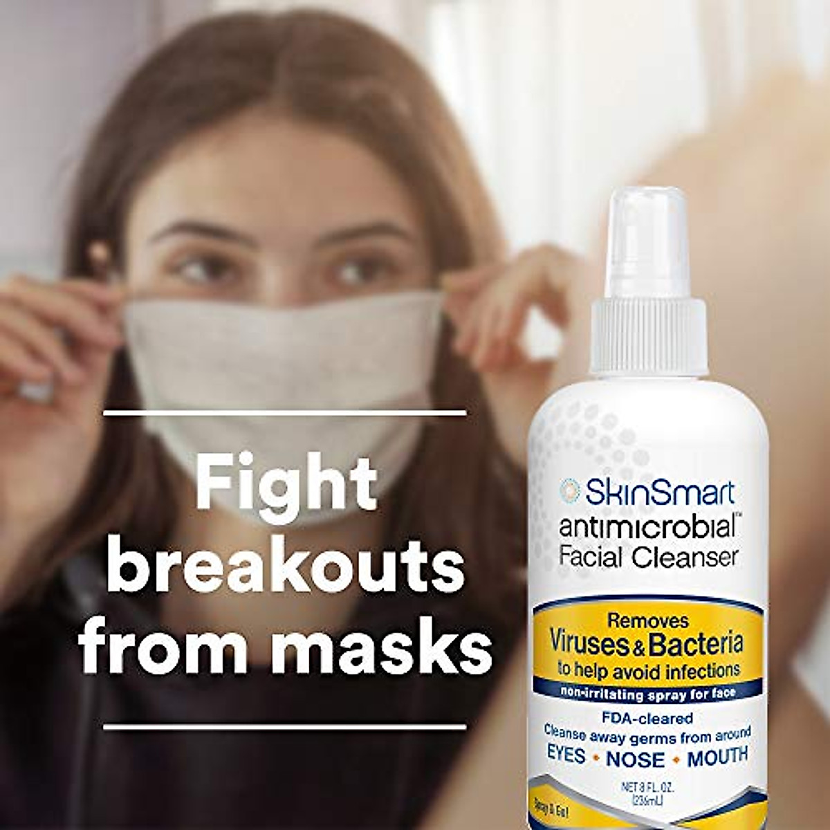 SkinSmart Antimicrobial Facial Cleanser Spray to Remove Viruses and Bacteria Around Eyes, Nose and Mouth, Fight Maskne, 8 oz Spray Non-Irritating Hypochlorous Spray