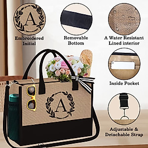 YOOLIFE Large Jute Tote Bag with Pocket Embroidery T Monogram Gifts for Women - Perfect for Beach, Work, Office, Vacation, Travel, Yoga, Sports, Picnic, Camping