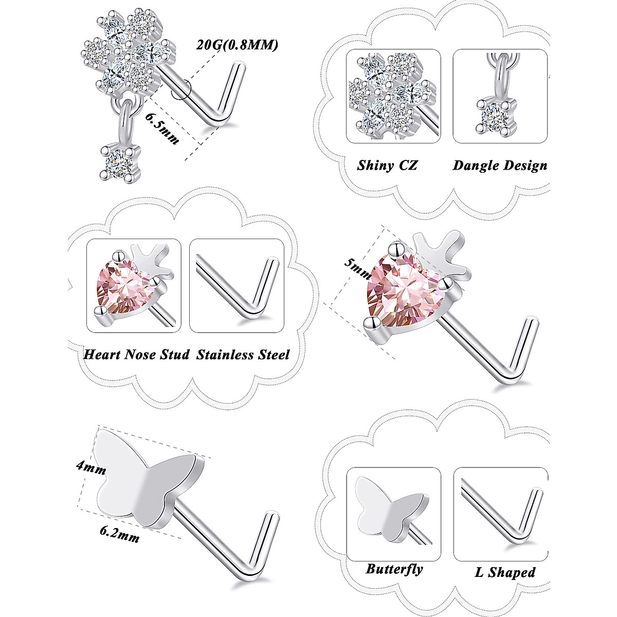 Tornito 12Pcs Nose Ring Nose Stud L Shaped Snake Butterfly CZ Flower Moon Dangle Nose Rings Stud for Women Men Silver Tone 20G