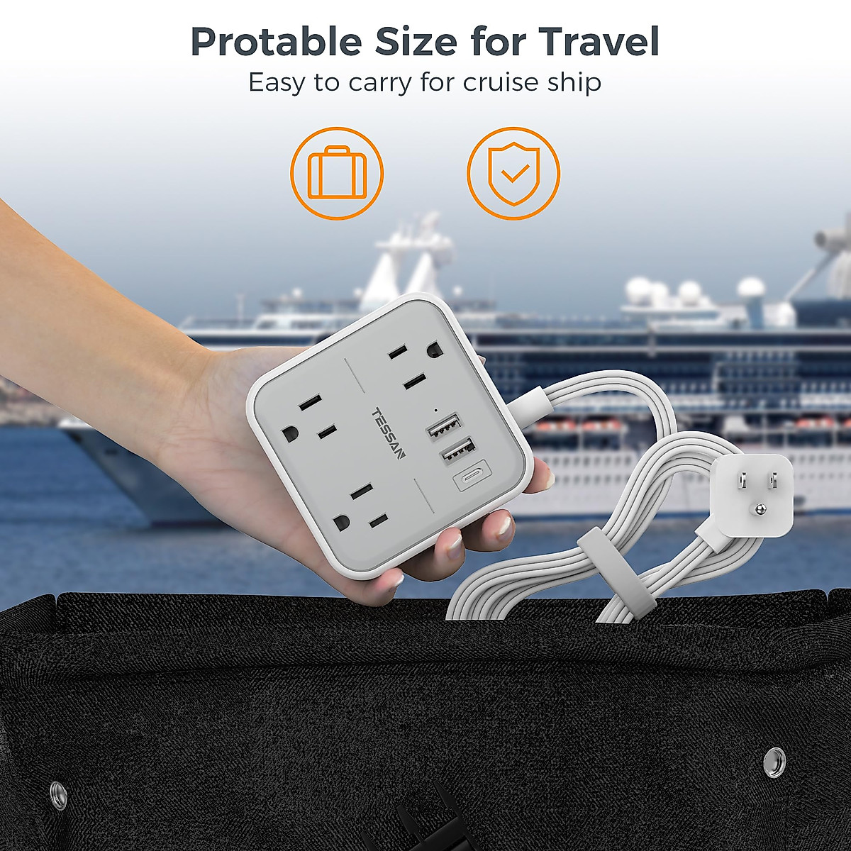 15 FT Extension Cord, TESSAN Slim Power Strip with Flat Wall Plug, Ultra Thin Flat Plug with 3 Outlets and 3 USB (1 USB C) Ports, Flat Long Cord for Cruise Ship Home Travel and Dorm Room Essentials