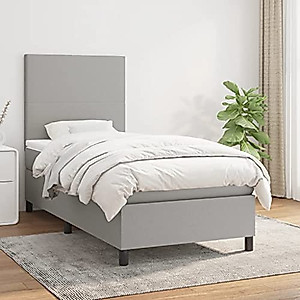 vidaXL Bed Frame, Box Spring Bed Single Platform Bed with Mattress, Bed Frame Mattress Foundation with Headboard for Bedroom, Light Gray Twin Fabric