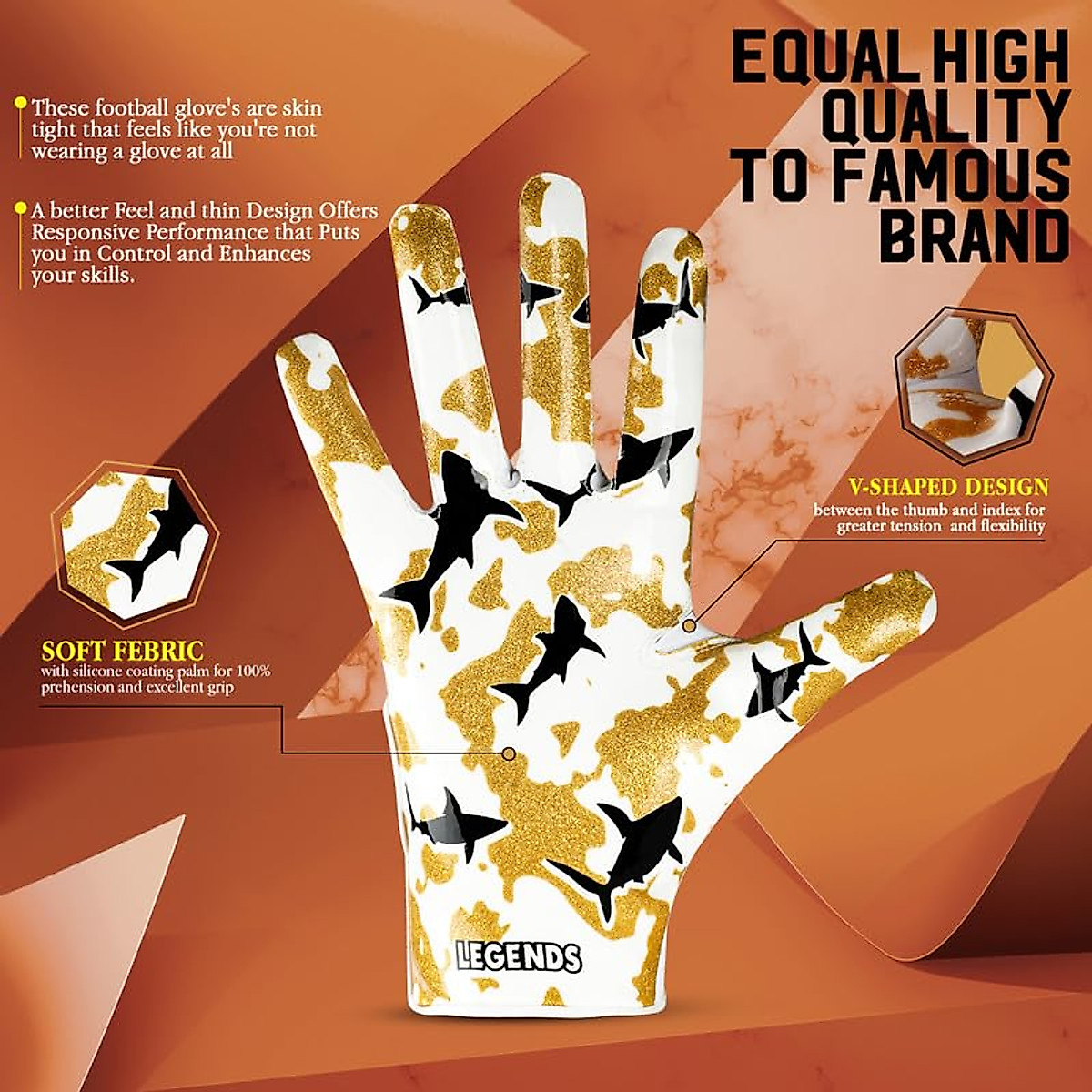 LISAAZ Limited Edition Shark Football Gloves Skin Fit Youth Football Gloves Tacky Football Gloves Men| Football Gloves for Kids 8-12 Receiver Gloves Adult/Football Gloves Youth