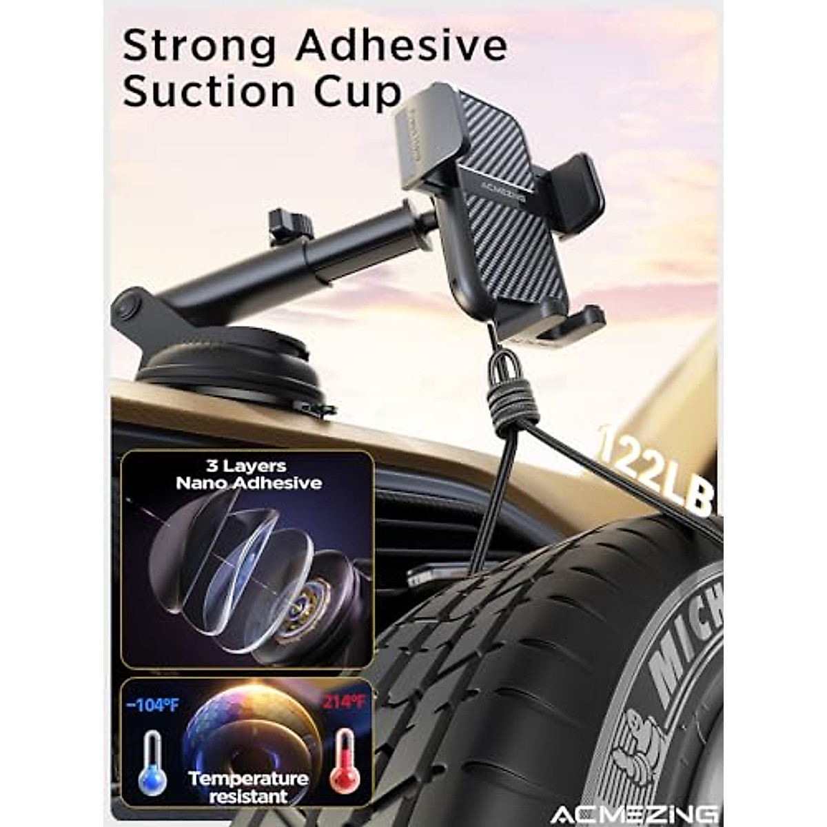 ACMEZING 3-in-1 Car Phone Holder Mount 【Extreme Terrain Stability】 Dashboard Windshield Air Vent 【Double Metal Hook】 Cell Phone Holders for Your Car for iPhone Samsung All Smartphones & All Car Model