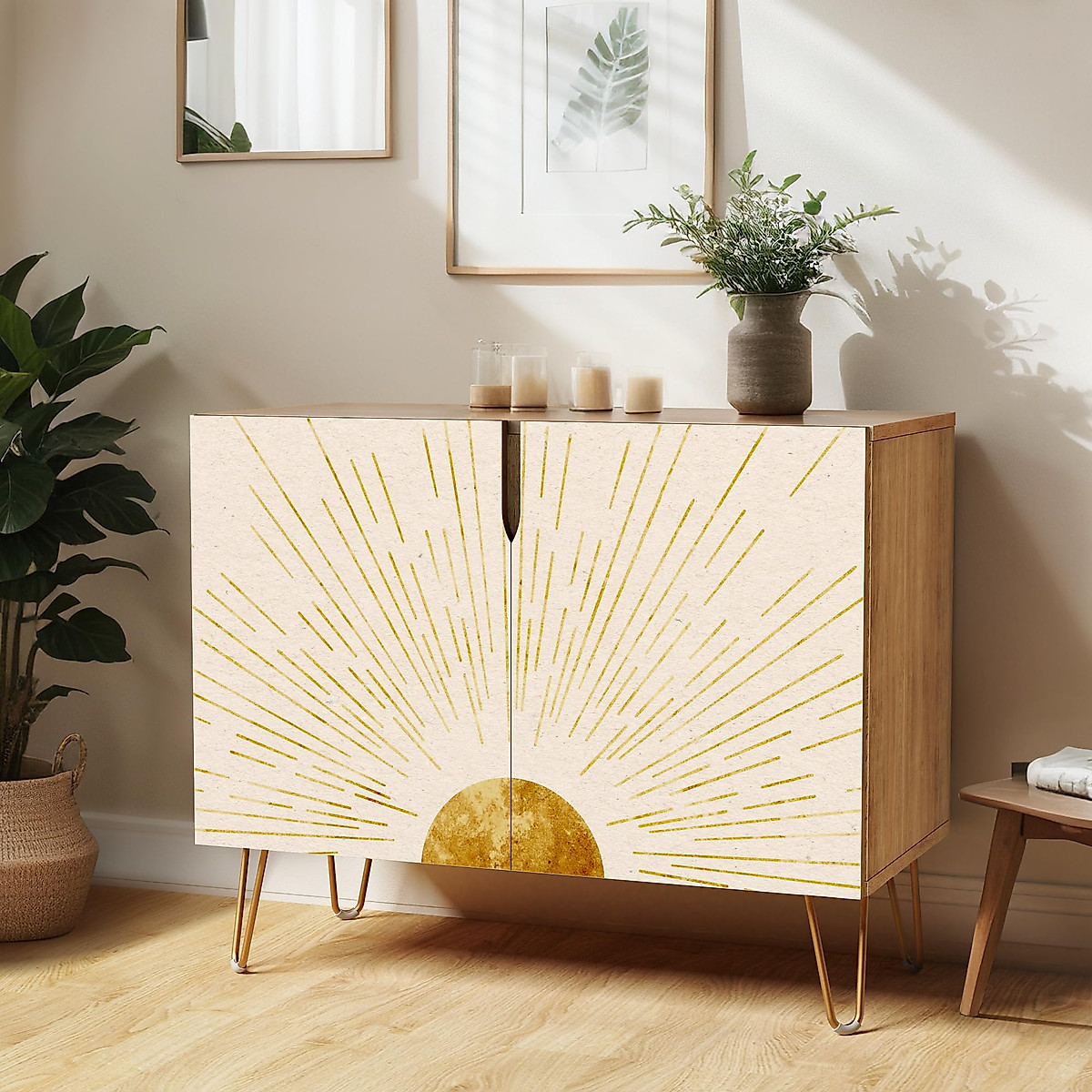 SIGNWIN Sideboard Buffet Cabinet, Kitchen Storage Cabinet with 2 Doors, Golden Rising Shining Sun Horizon, Cupboard Console Table for Dining Room - 35" L x 18" W x 29" H