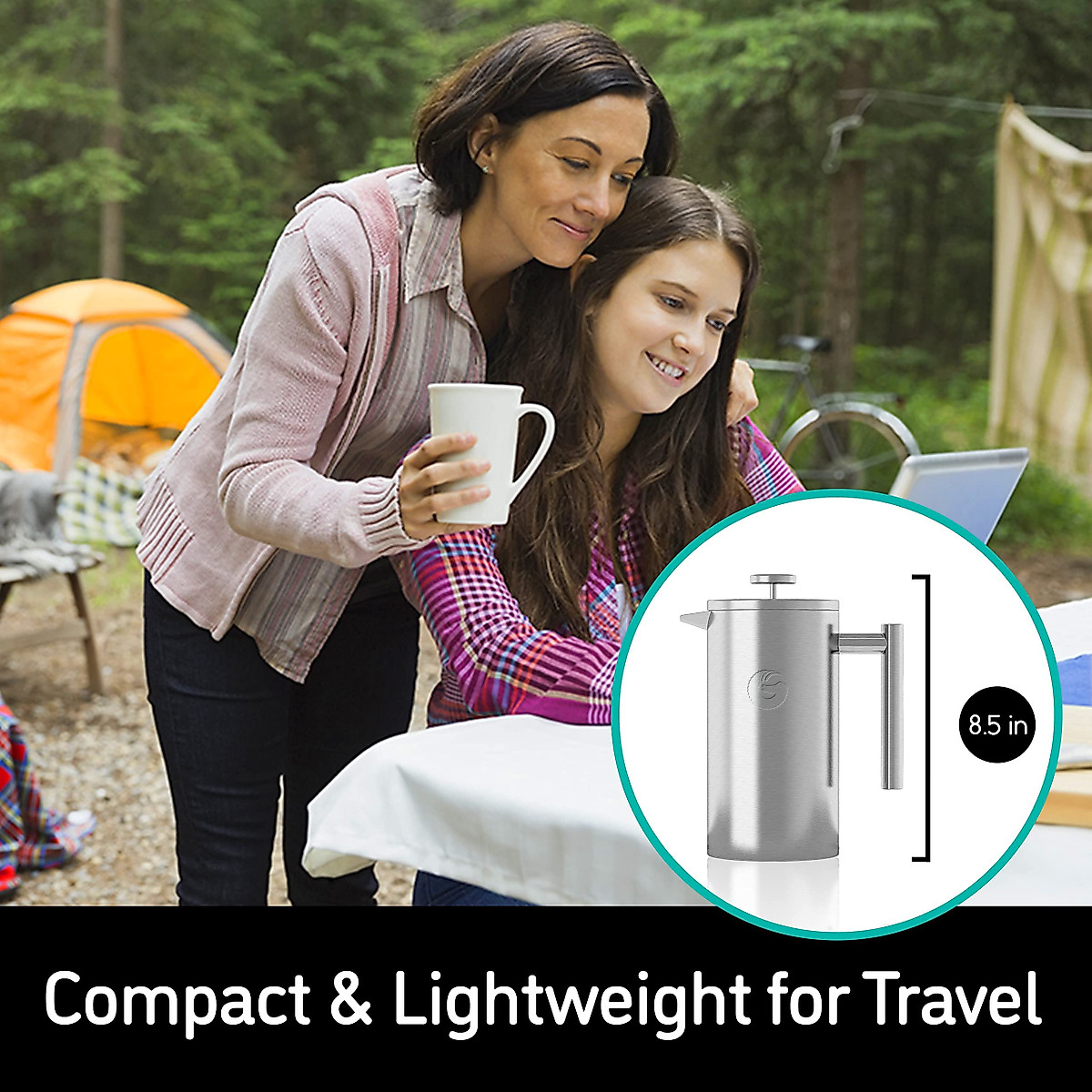 Coffee Gator French Press Coffee Maker - 34oz Thermal Insulated Brewer Plus Travel Jar - Large Capacity, Double Wall Stainless Steel - Orange