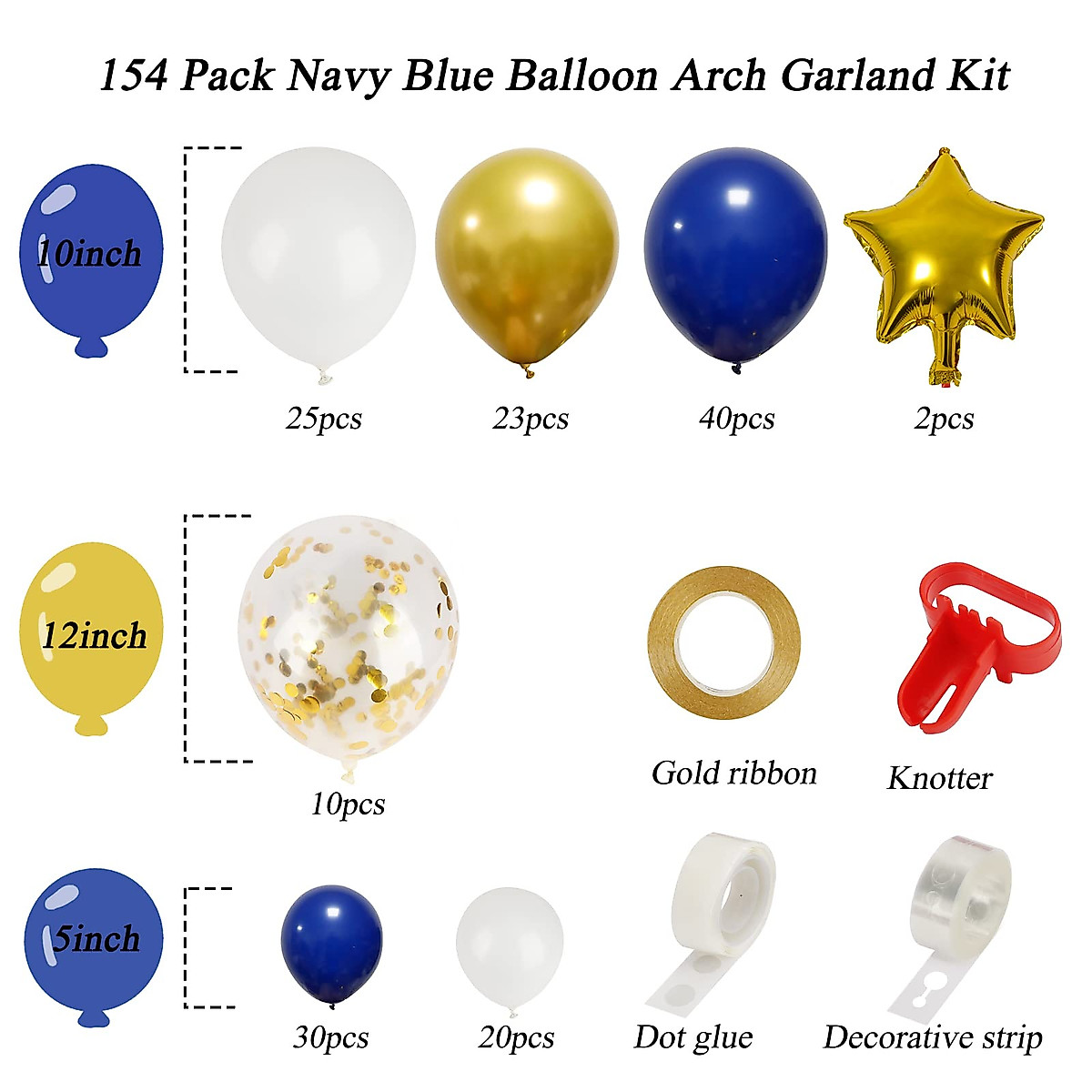 RUBFAC Royal Blue Gold Balloons Garland Arch Kit, Royal Blue Metallic Gold White Balloons with Star Foil Balloons for Graduation Birthday Baby Shower Party Supplies Decorations