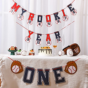 2 Pcs 1st Birthday Monthly Photo Banner Rookie of the Year 1st Birthday Banner Kid's 1st Year Picture Banner One Birthday High Chair Banner Sports Party Supplies Shower Decorations (Baseball)