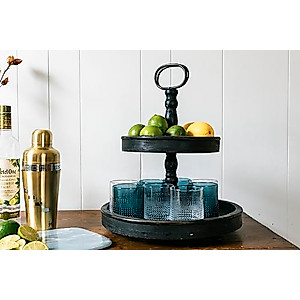 Creative Co-op EC0112 Distressed Wood 2-Tier Tray with Metal Handle, Black