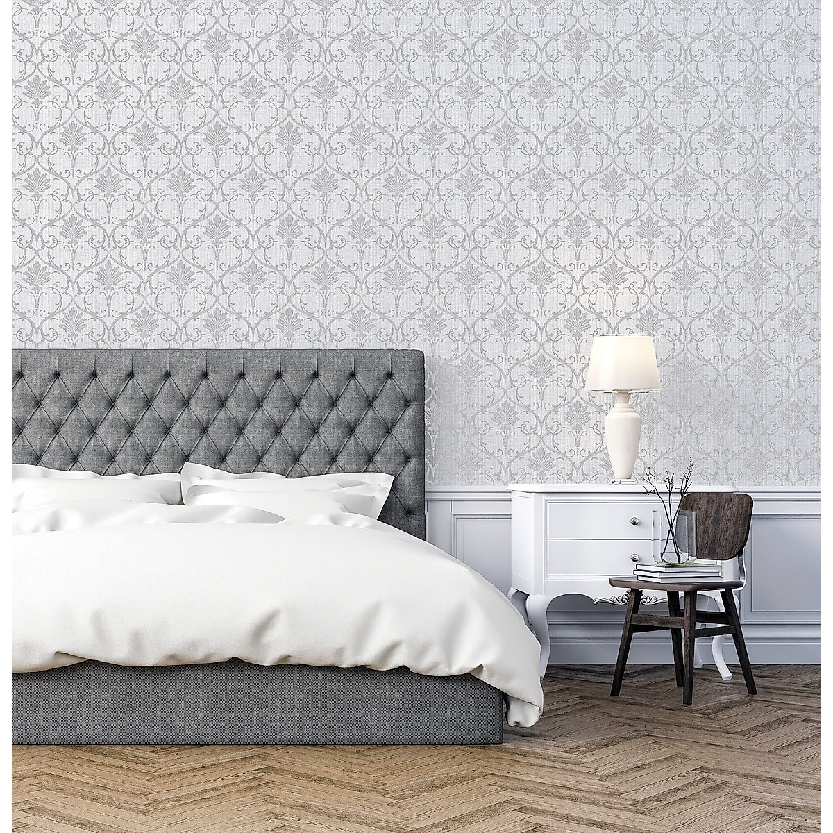 Arthouse ArtiSTICK Divine Damask Gray Peel and Stick Self Adhesive Wallpaper 6m/19.6 Foot Long - Great for Upcycling Furniture - Cabinets Kitchen Drawers Shelves - Peel & Stick Non Woven 300217