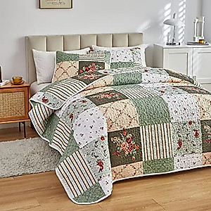 Patchwork Quilt Set Full/Queen Size, 3 Pieces Green Floral Plaid Summer Bedspread Coverlet Set, Soft Microfiber Reversible Lightweight Bed Cover for All Season (90" x 90", 1 Quilt+ 2 Pillow Shams)